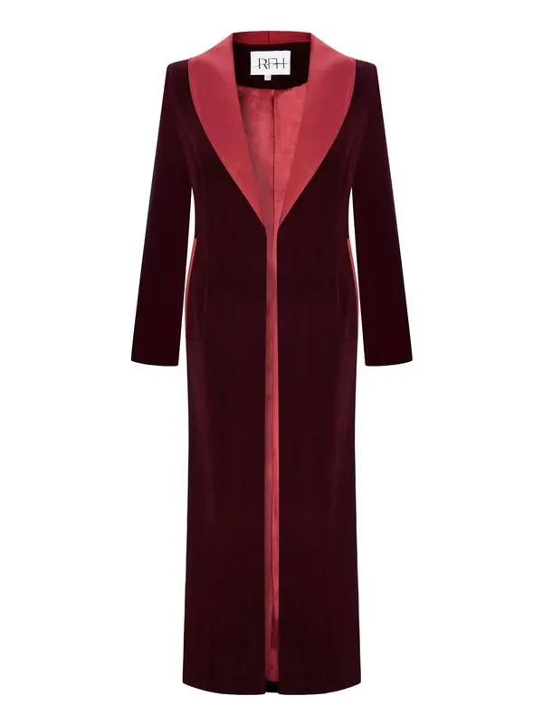 ROQAIA FASHION HOUSE Velvet Long Coat With Satin Lapel - Red