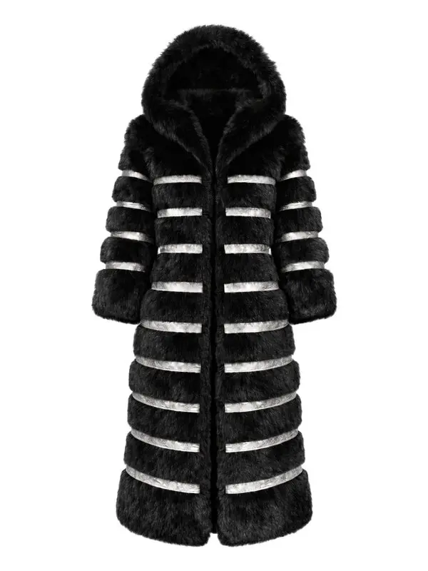 HARMONIA NY Extra Long Hooded Faux Fur Coat - Black