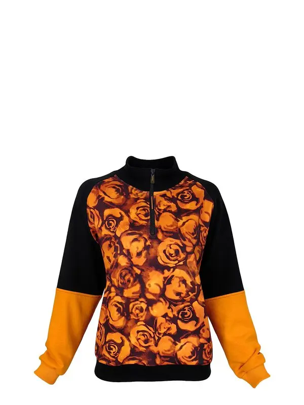 LALIPOP DESIGN Floral Print Color Block Half-zip Sweatshirt - Black/orange