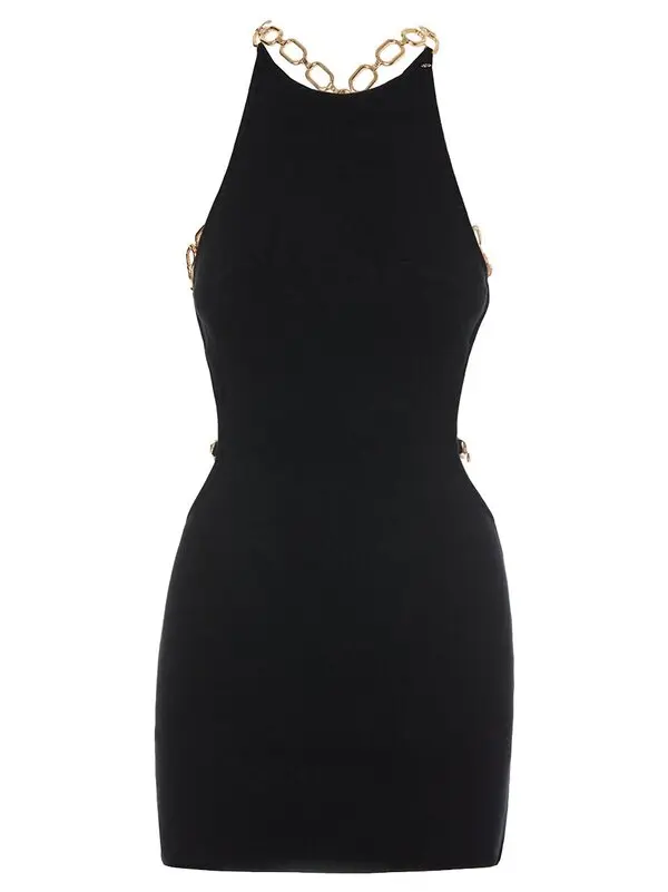 NISSA Backless Knitted Mini Dress With Chain Detail - Black