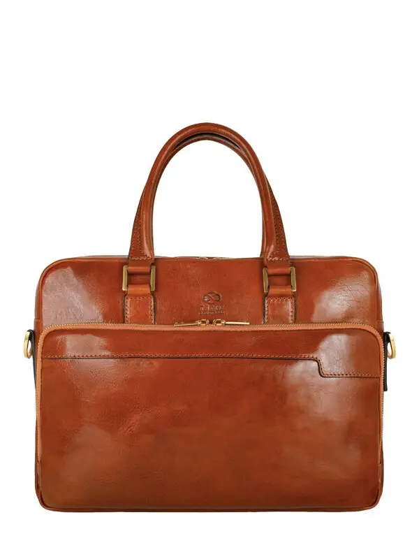 TIME RESISTANCE Orlando Leather Briefcase Laptop Bag - Brown