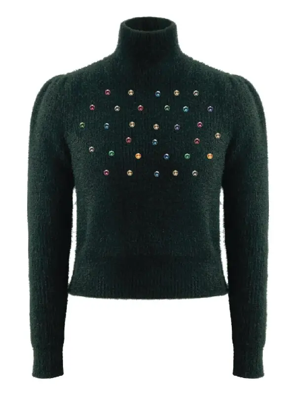 ROCH PEREL Embellished Fur Knit Turtleneck Sweater - Green