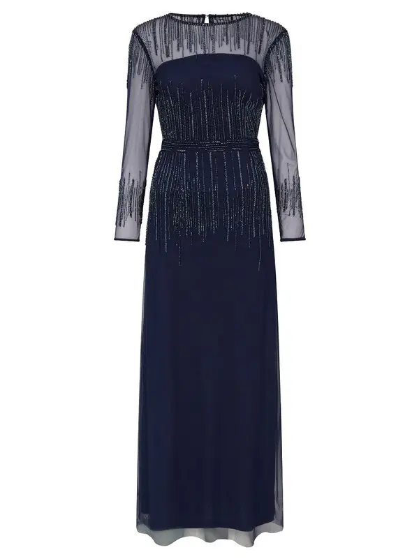 RAISHMA Embroidered Laurel Gown With Sheer Long Sleeves - Blue
