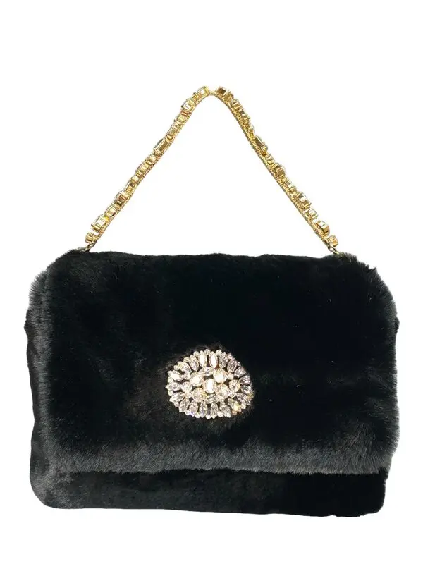 DAMAPREZIOSA Victoria Jeweled Handle Vegan Fur Bag - Black