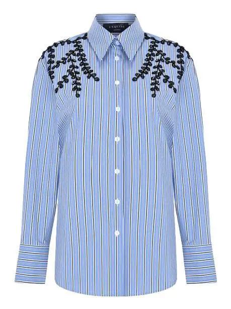 EXQUISE Striped Cotton Shirt With Beaded Embroidery - Blue/white