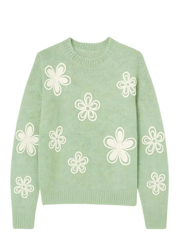 YUMI Relaxed Knitted Jumper With Crochet Flowers - Green