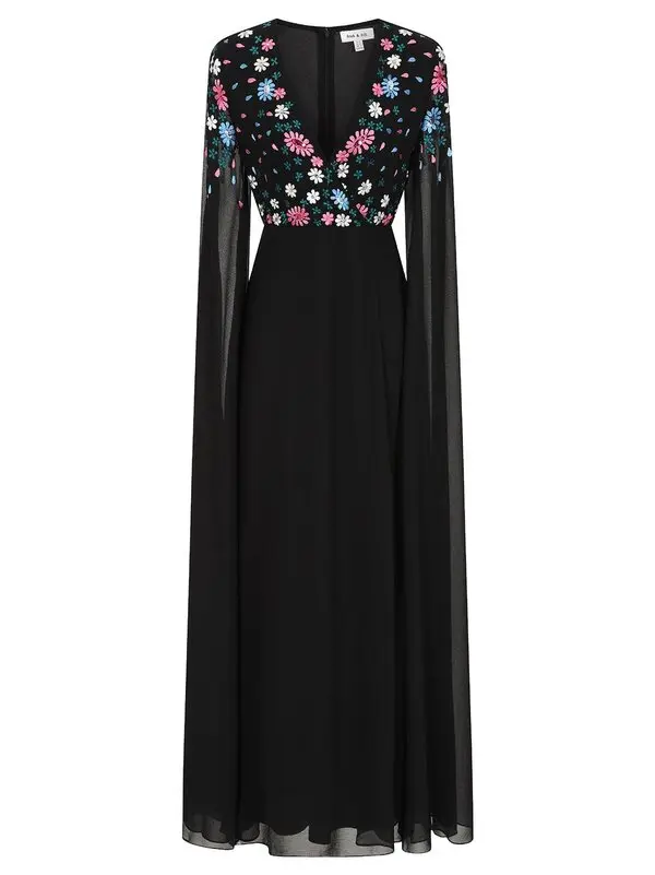 FROCK AND FRILL Floral Embroidered Cape Sleeve Maxi Gown - Black