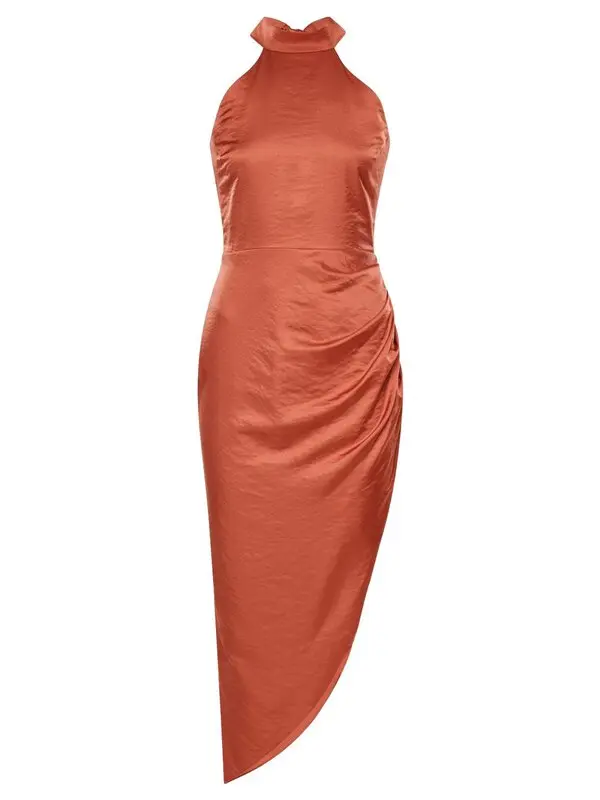 ALTERA LONDON Halter Neck Asymmetric Satin Dress - Orange
