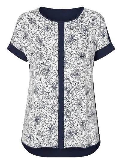CONQUISTA Floral Panel Detail Short Sleeve Top - Blue