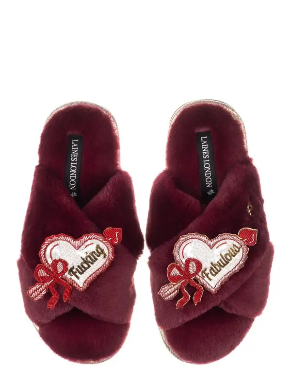 LAINES LONDON Classic Faux Fur Slippers With Heart Brooches - Red