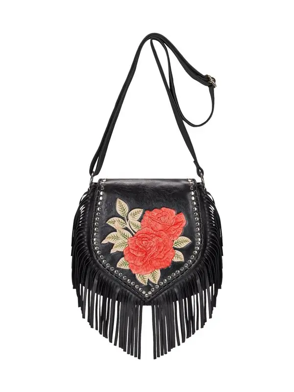 JODI LEE Akaroa Bag With Rose Embellishment And Fringe - Black