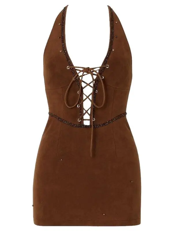 ADIBA Mahogany Bloom Suede Mini Dress - Brown