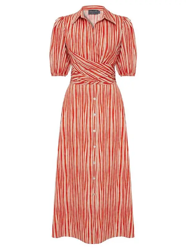 EXQUISE Striped Tie-waist Shirt Dress - Red