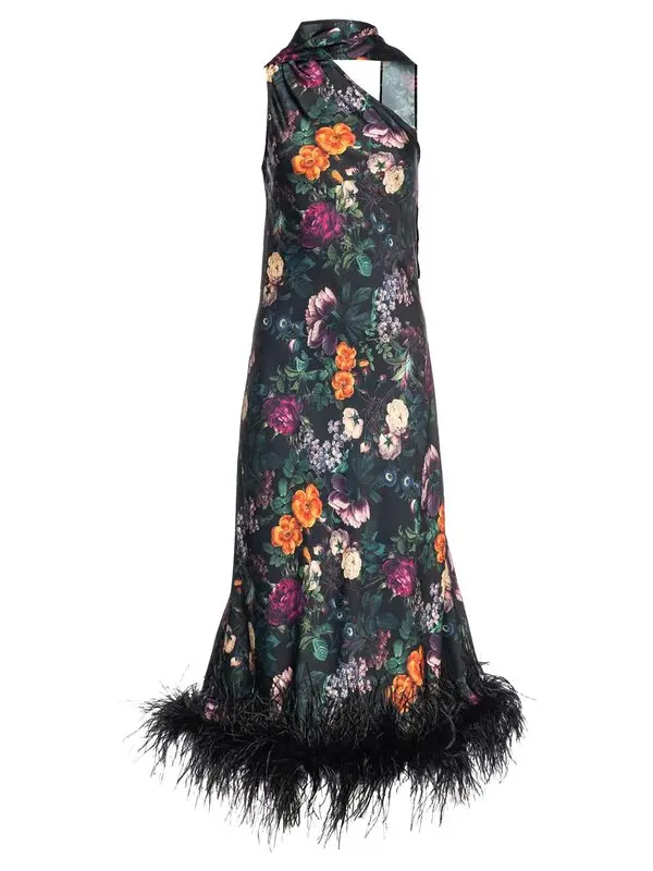VASILIKI ATELIER Liya Cannes Floral Maxi Dress With Faux Feather Trim - Black