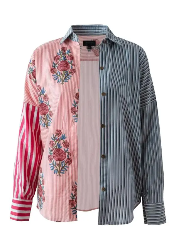 CHARKHA & LOOM Printed Cotton Shirt - Gray/pink