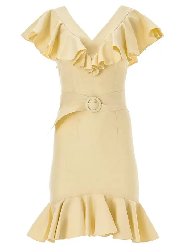 LITA COUTURE Ruffle Belted Linen Dress - Yellow