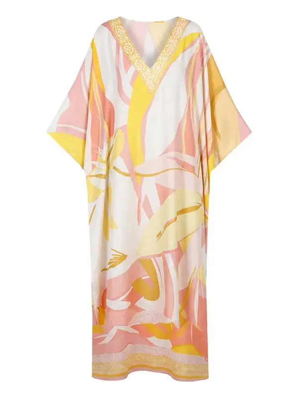 Loveist Store Silky Satin Abaya Kaftan With Statement Print - Yellow