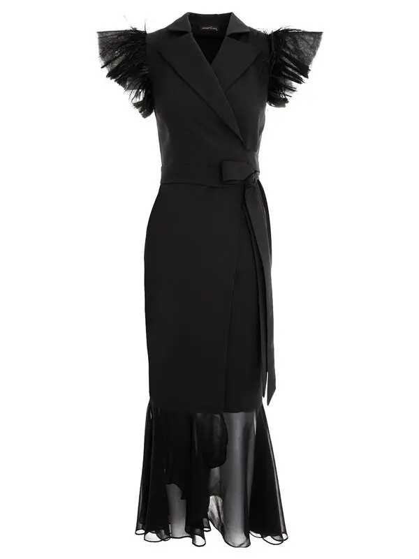 CONCEPT A TROIS Long Blazer Wrap Dress With Tulle - Black
