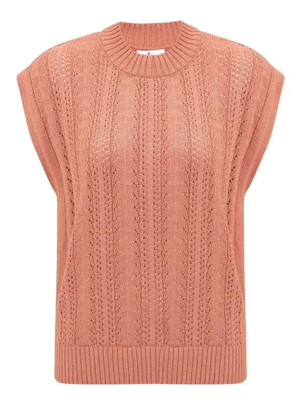 PERALUNA O-neck Openwork Knit Blouse - Brown