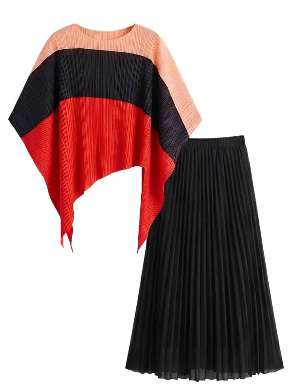 CY BOUTIQUE Pleated Color Block Co-ords Suit - Black/orange