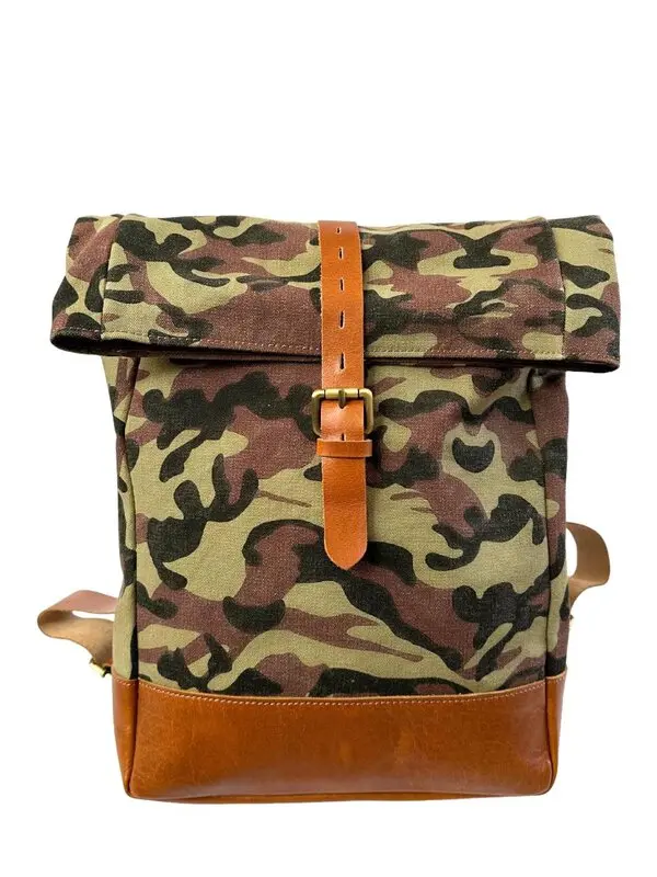 VIDA VIDA Camo Canvas And Leather Roll Top Backpack - Green