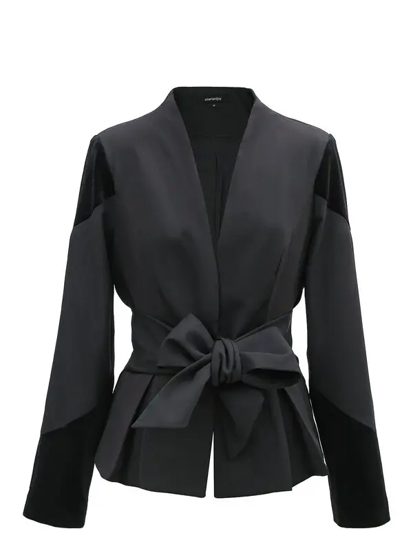 SMART AND JOY Bi-material Blazer With Knotted Belt - Black