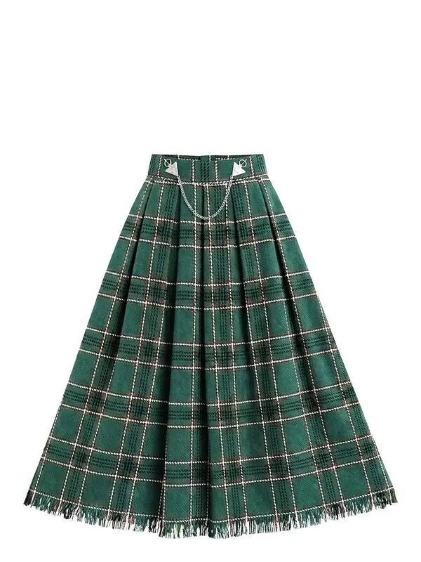 L2R THE LABEL Plaid Maxi Skirt With Fringe And Embellishments - Green