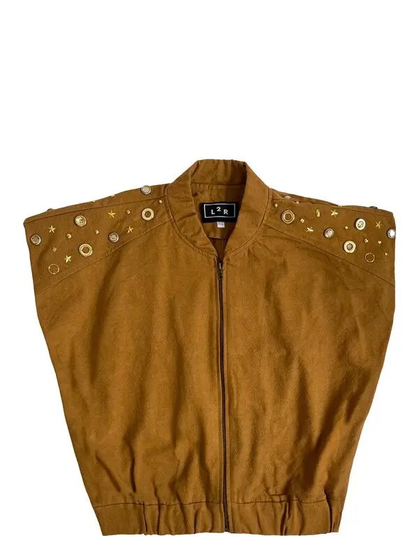 L2R THE LABEL Embellished Sleeveless Bomber Jacket - Brown