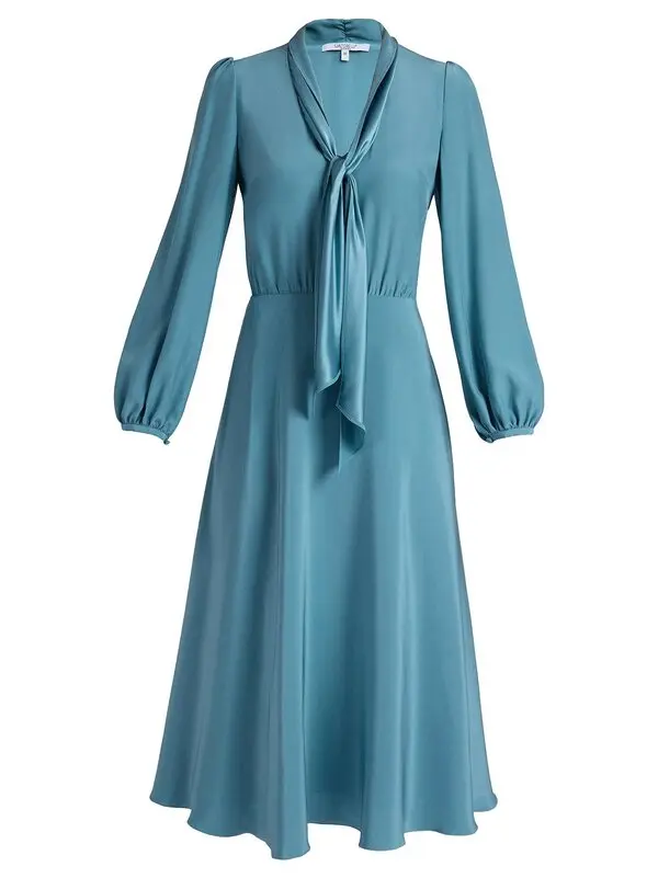 Santorelli Jenn Long Sleeve Silk Midi Tie-neck Dress - Blue