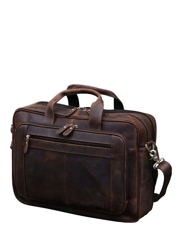 TOURI Genuine Leather Briefcase With Luggage Strap - Brown