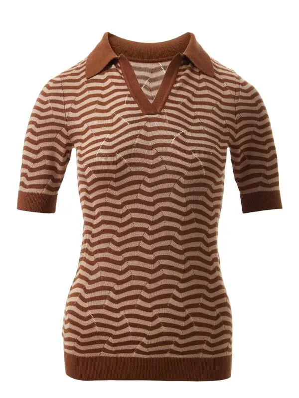 FULLY FASHIONING Maia Transfer Stitch Knit Polo Shirt - Brown