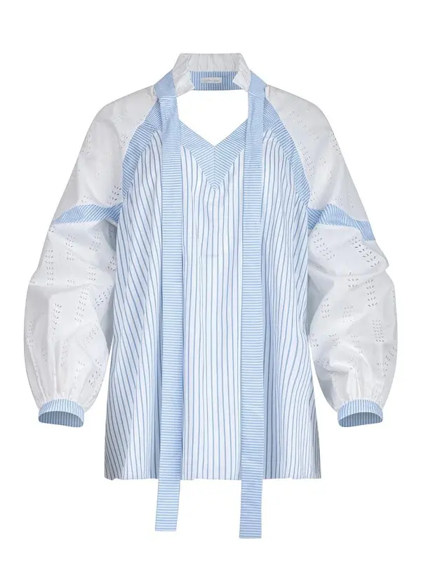 HELENE GALWAS Striped Cotton Blouse With Lace Sleeves - Blue/white