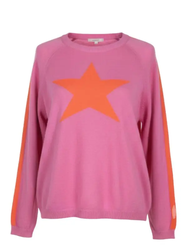 AT LAST... Cashmere Mix Sweater With Star And Striped Sleeves - Pink