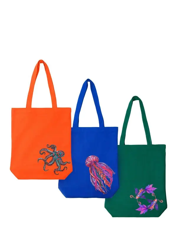 JANARA JONES Set Of Three Ocean-themed Canvas Totes - Blue/gray/green/orange/pink/purple
