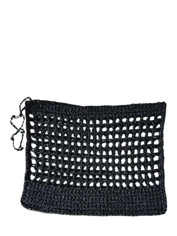 SPRINGMOONATELIER Raffia Crochet Clutch With Beaded Handle - Black
