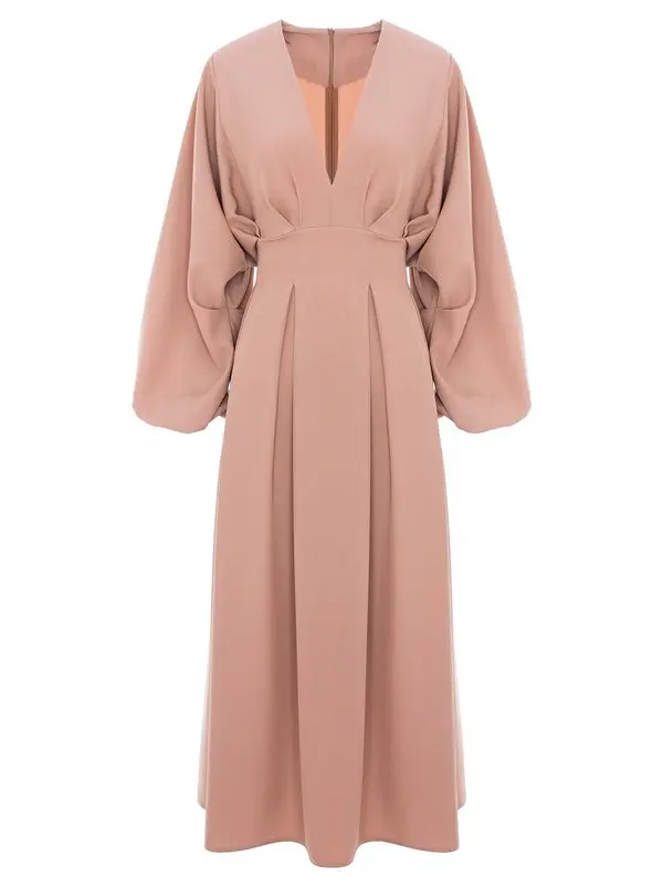 BLUZAT Midi Dress With Balloon Sleeves And V-neck - Beige