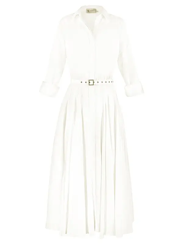 ALINA CERNATESCU Vera Viscose Midi Shirt Dress With Belt - White