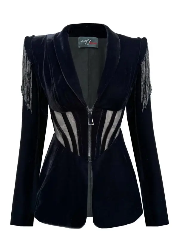 ANGELIKA JOZEFCZYK Velvet Blazer With Fringe - Black