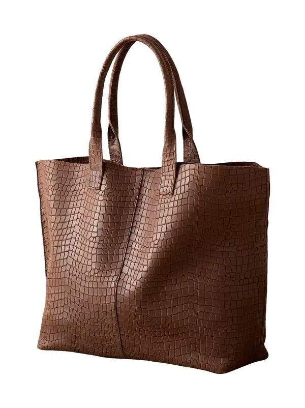 JUAN-JO Croc Embossed Leather Maxi Tote Bag - Brown