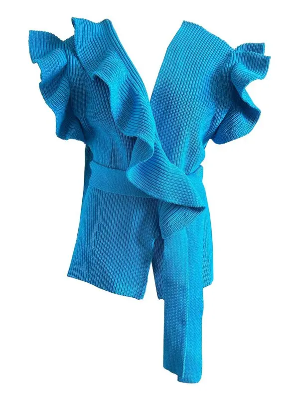 ARTO. Knitted Vest Jacket With Ruffle Detail - Blue