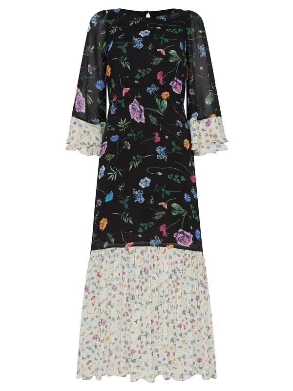 ROSE & NANCY Flora Print Flute Frill Sleeve And Hem Maxi Dress - Black/white