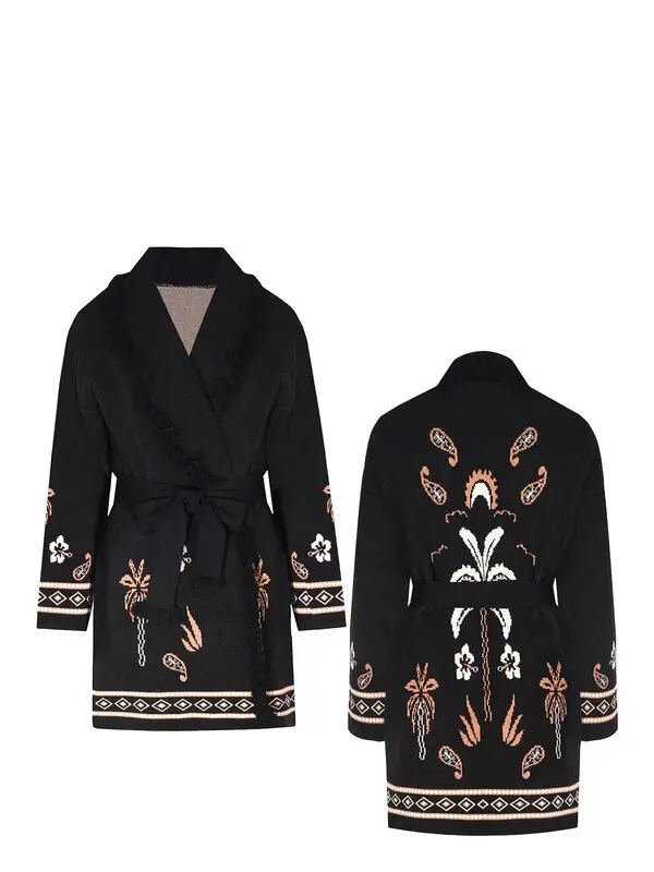 Loveist Store Premium Jacquard Boho Cardigan With Ethnic Motifs - Black