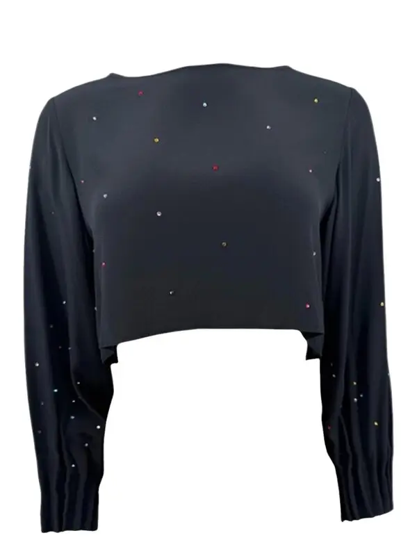 MONZLAPUR NEW YORK Cropped Silk Top With Pleated Cuffs And Crystals - Black