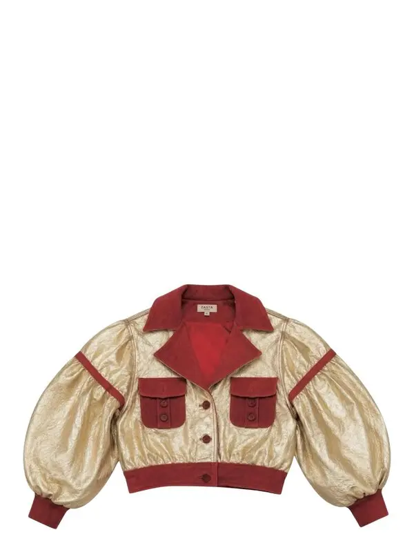 ZASTASTUDIO Gold & Red Leather Cropped Bomber Jacket - Gold/red