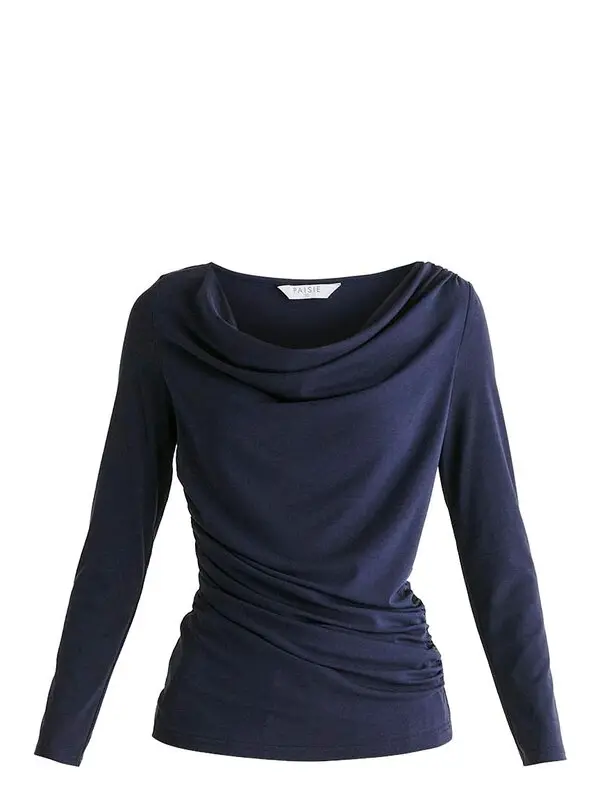 PAISIE Ruched Lyocell Jersey Top With Draped Neck - Blue