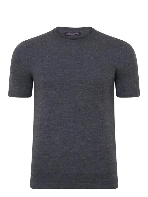 PAUL JAMES KNITWEAR Superfine Merino Wool Illario Knitted T-shirt Charcoal - Grey