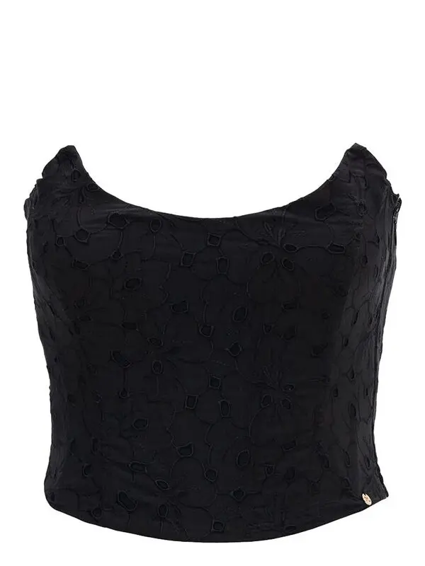 NISSA Floral-embroidered Corset Top - Black