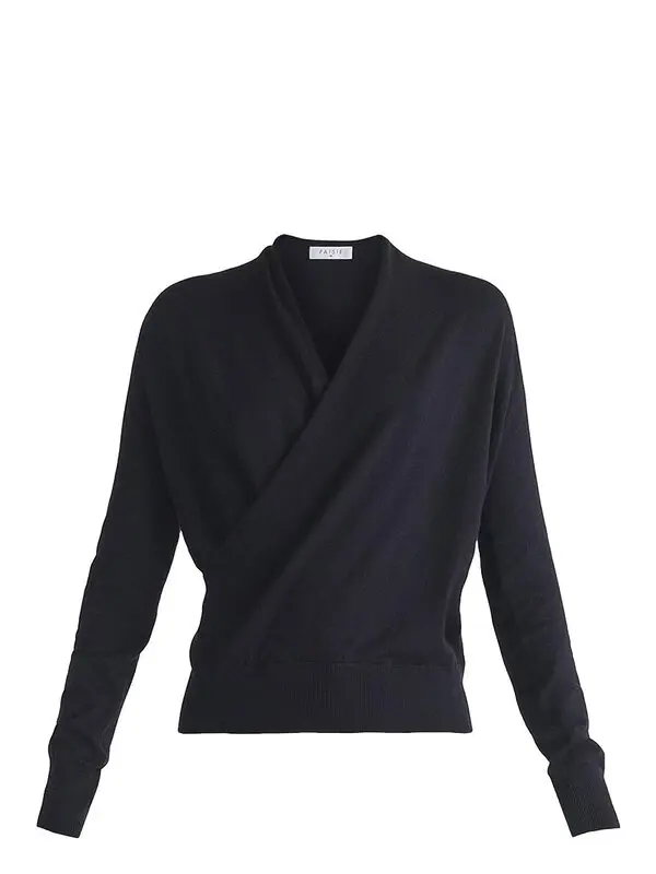 PAISIE Long Sleeve Knitted Wrap Top - Blue