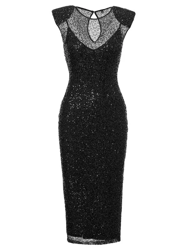 NISSA Sequined Mesh Midi Dress - Black