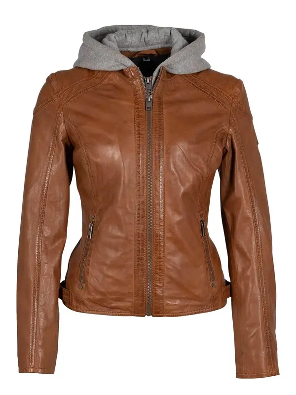 Mauritius Leather Zip-up Jacket With Fleece Hood - Brown